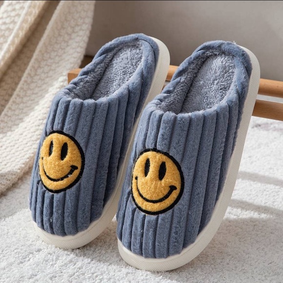 Shoes | Blue Corduroy Smiley Face Slippers | Poshmark